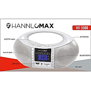 HANNLOMAX HX-506R Portable AM/FM Radio, Bluetooth, USB/SD Slot for MP3 Playback, Aux-in, AC/DC Dual Power Source (White)