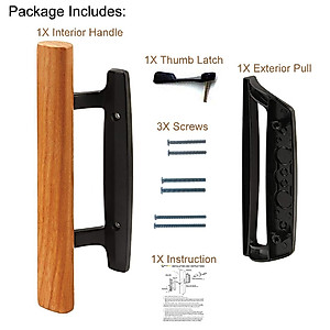 Mortise Style Reversible Sliding Patio Door Handle Set with Oak Wood Interior Handle and Exterior Pull in White Diecast Finish Fits 3-15/16” Screw Hole Spacing, Non-keyed with Latch Locks (Black)