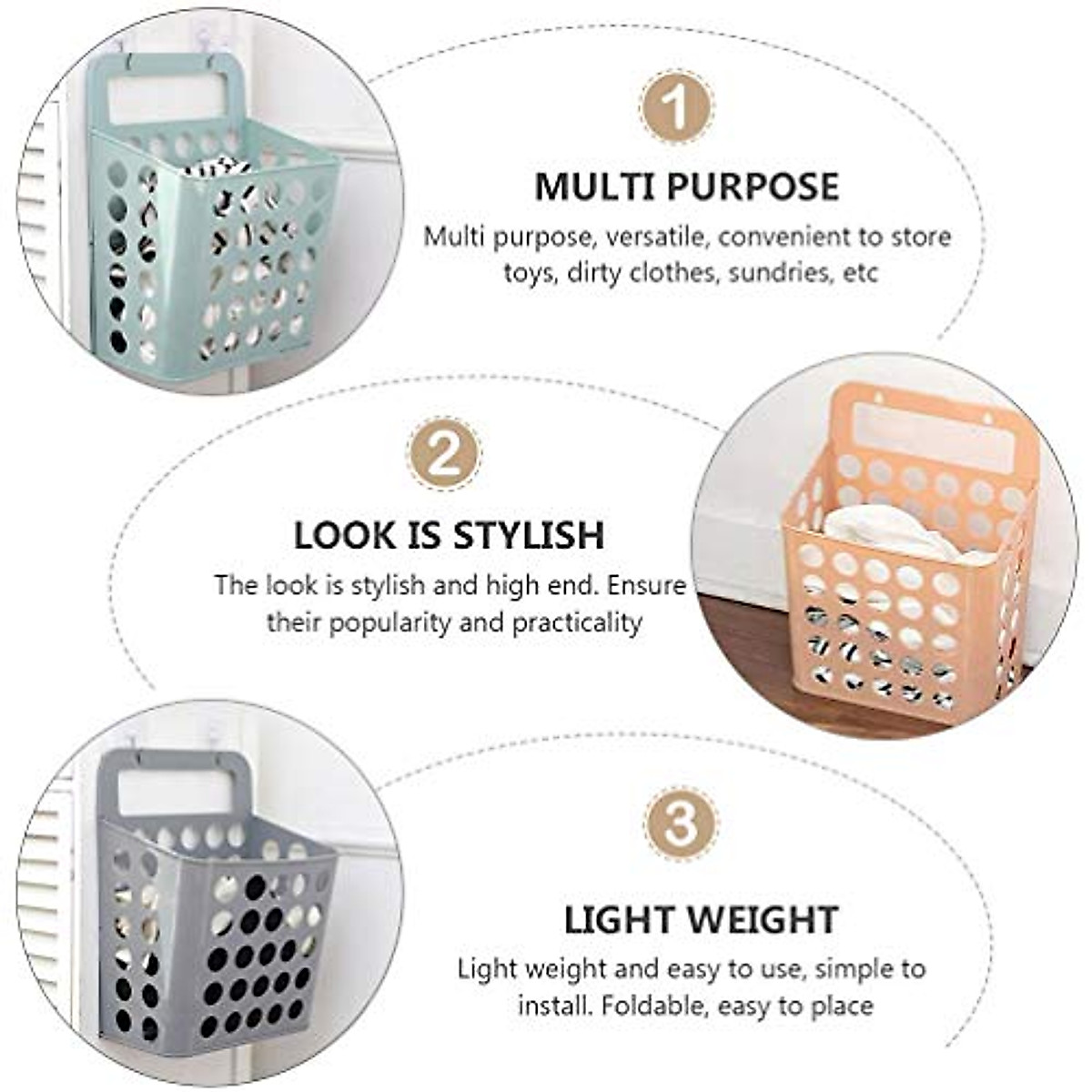 Hemoton 2pcs Hanging Plastic Laundry Basket Foldable Laundry Hamper Bag Collapsible Dirty Clothes Storage Container for College Dorm Bathroom Bedroom Random Color