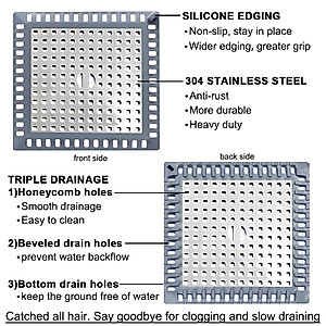 Seatery 2PCS Shower Drain Hair Catcher/Strainer/Cover/Filter/Trap, Bathroom Floor Drain, Stainless Steel and Silicone Drain Shield, Square