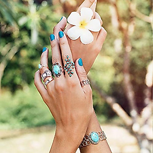 Personalize Western Jewelry Boho Vintage Style Large Gemstone Filigree Oval Cabochon Armor Full Finger Statement Blue Turquoise Ring For Women Oxidized .925 Sterling Silver Customizable