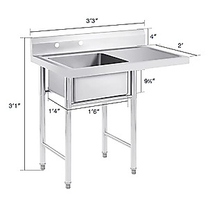 WILPREP Commercial Stainless Steel Utility Sink, Single Compartment Kitchen Sink with Storage Sink Strainer and Splash Guard, Portable Sink with Work Table & Adjustable Feet, 39" W x 24" D