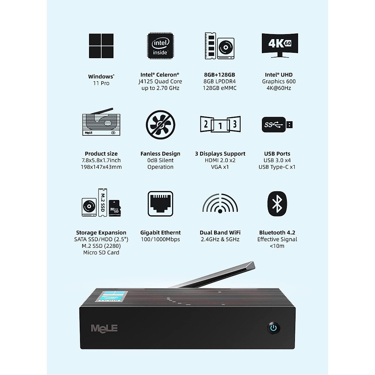 MeLE Fanless Mini PC Computer PCG35 J4125 8GB 128GB Windows-11-Pro Micro PC Support M.2 NVMe SSD 2.5" HDD/SSD 2X HDMI 4K +1x VGA Triple Display WiFi 6 Gigabit Ethernet BT5.2 on Business Office Home