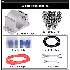CNC Spindle Motor Kit, MYSWEETY 110V 2.2KW Water Cooled Spindle Motor + 2.2KW Single to 3 Phase VDF+110v Water Pump + 3.15 Inch Clamp + 196 Inch Water Pipe + 40 Inch Electric Wire+ 13pcs ER20 Collet