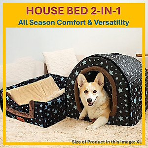 2 in 1 Extra Large Pet Winter House Convertible to Bed with Warm Cushion Mat, 2 Way Indoor Outdoor Portable Dog Kennel, Removable Washable Cover (XL Starry Sky)
