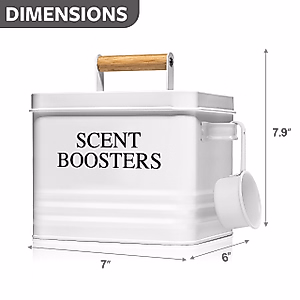 Calindiana Modern Farmhouse Metal Laundry Scent Booster Beads Dispenser Container with Scoop for Laundry Room Decor and Accessories and Space Saving Laundry Room Organization and Storage, White