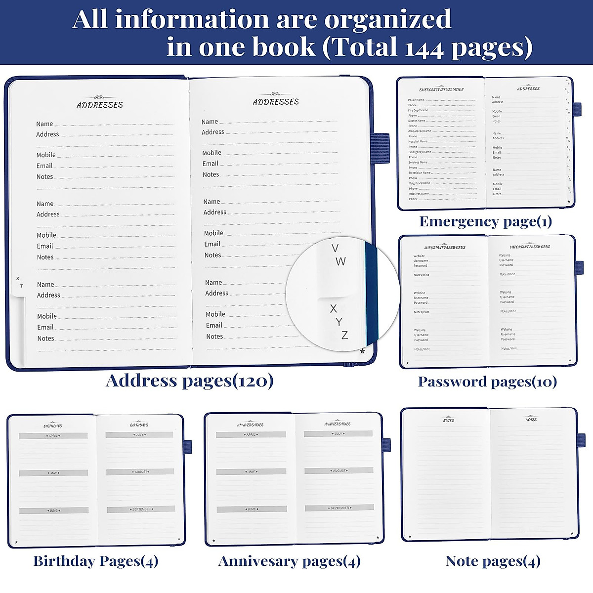 JUBTIC Address book with Alphabetical Tabs, Hardcover Password Keeper and Telephone Book Address Organizer for Contacts, Internet Login Address Log book Journal Notebook for Home or Office-Navy Blue