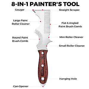 PinStone 8-In-1 Painters Tool, Paint Brush Comb, Paint Roller Cleaner Tool, Stainless Steel Paint Scraper, Putty Knife, Paint Can Opener, Metal Paint Brush Comb and Roller Cleaning Tool