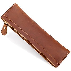 GORGECRAFT Top Grain Water buffalo Leather Pen Zippered Holder Real Leather Pencil Pouch with Zipper Closure Vintage Crazy Horse Leather Pen Bag Fountain Pen Holder for Home Business, Saddle Brown