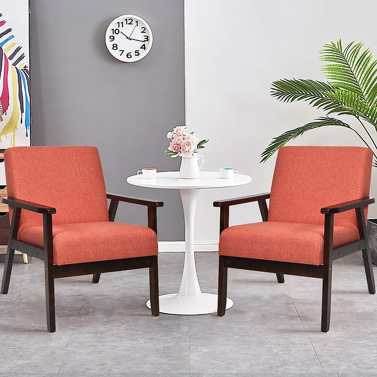 Giantex Set of 2 Mid-Century Modern Accent Chair, Retro Fabric Armchair, Solid Hardwood Made, Upholstered Linen Lounge Arm Chair for Living Room (Orange)