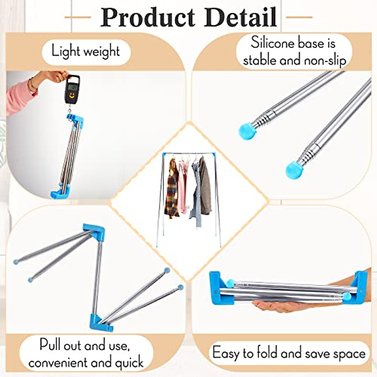 Gerrii Portable Garment Rack and 12 Small Foldable Clothes Hangers Folding Clothes Rack Travel Collapsible Clothing Rack for Indoor Outdoor Drying Laundry Dance Costume Bag Suitcase Camping (Blue)