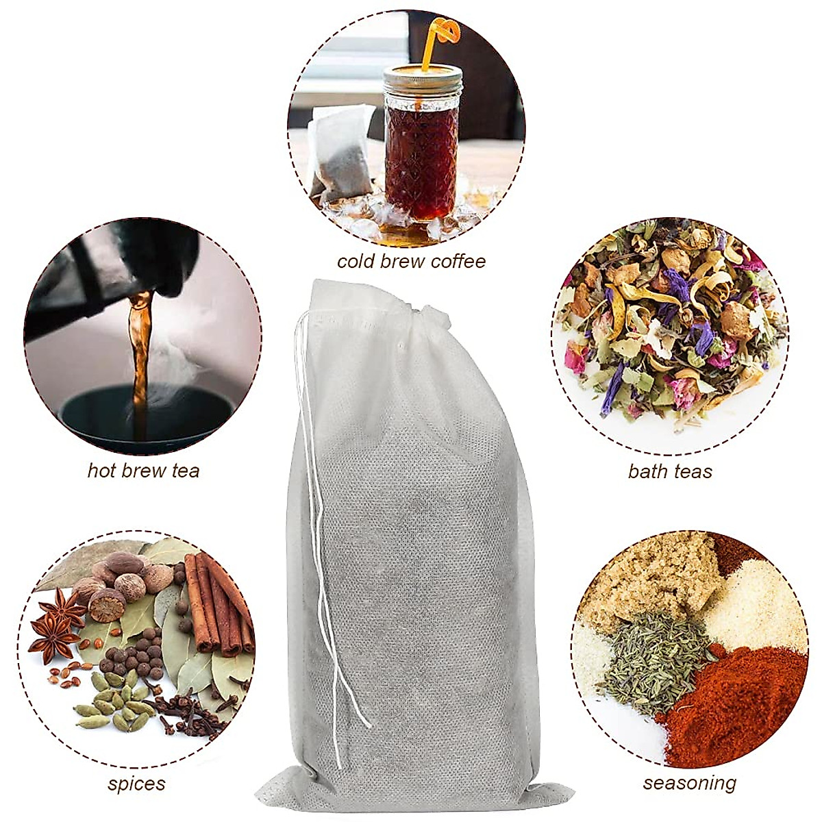 50pcs No Mess Cold Brew Bags, 6x10 inch Disposable Coffee Filter Bag Fine Mesh Brewing Drawstring Pouches for Iced Coffee Hot Tea Herb Spice