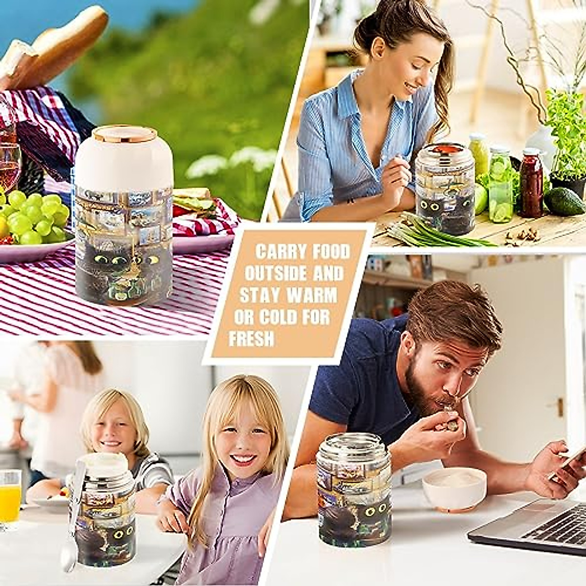 CUPADA Cats Eyes Funny Food Jar, Oil Painting Cute Insulated Hot Food Jars Vacuum 17OZ with Folding Spoon for Work Trip Picnic Camping