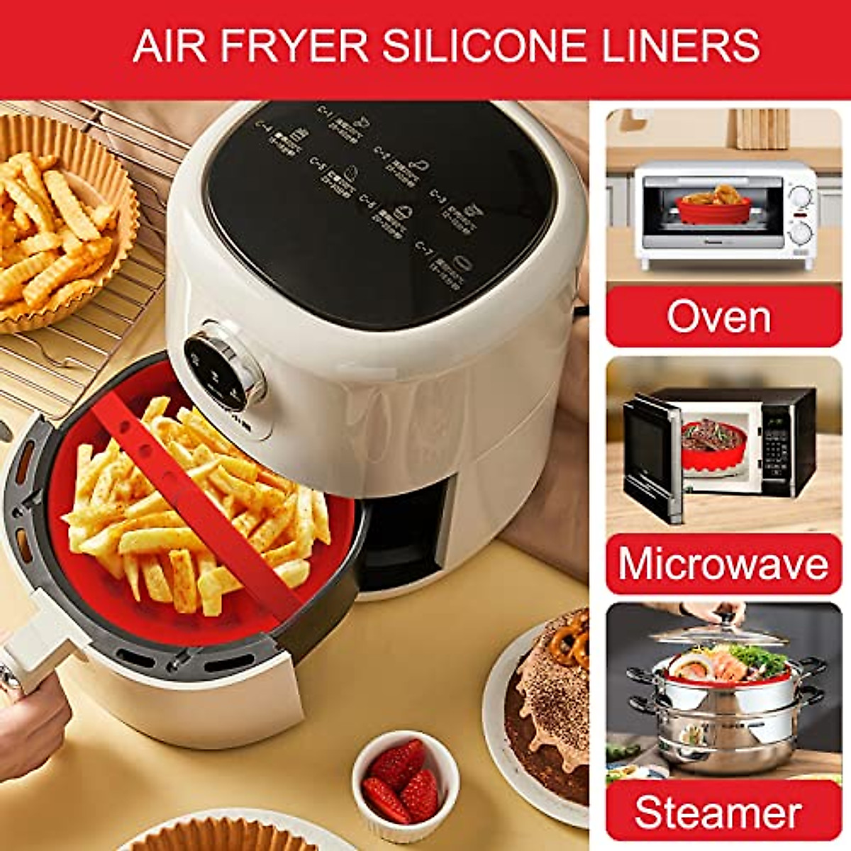 2 Pack Air Fryer Silicone Liners Pot, Reusable Replacement of Flammable Parchment Paper, 8 Inch Non Stick Silicone Bowl for 3 to 5 QT, Foldable Baking Basket for Cooker Accessories,(Round, Blue & Red)