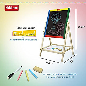 Kidzlane Art Easel for Kids | Wooden Toddler Easel | Double Sided Standing Chalkboard / Dry Erase Board for Kids | Toddler Drawing Board with Accessories | 25.75" Blackboard & Whiteboard for Kids