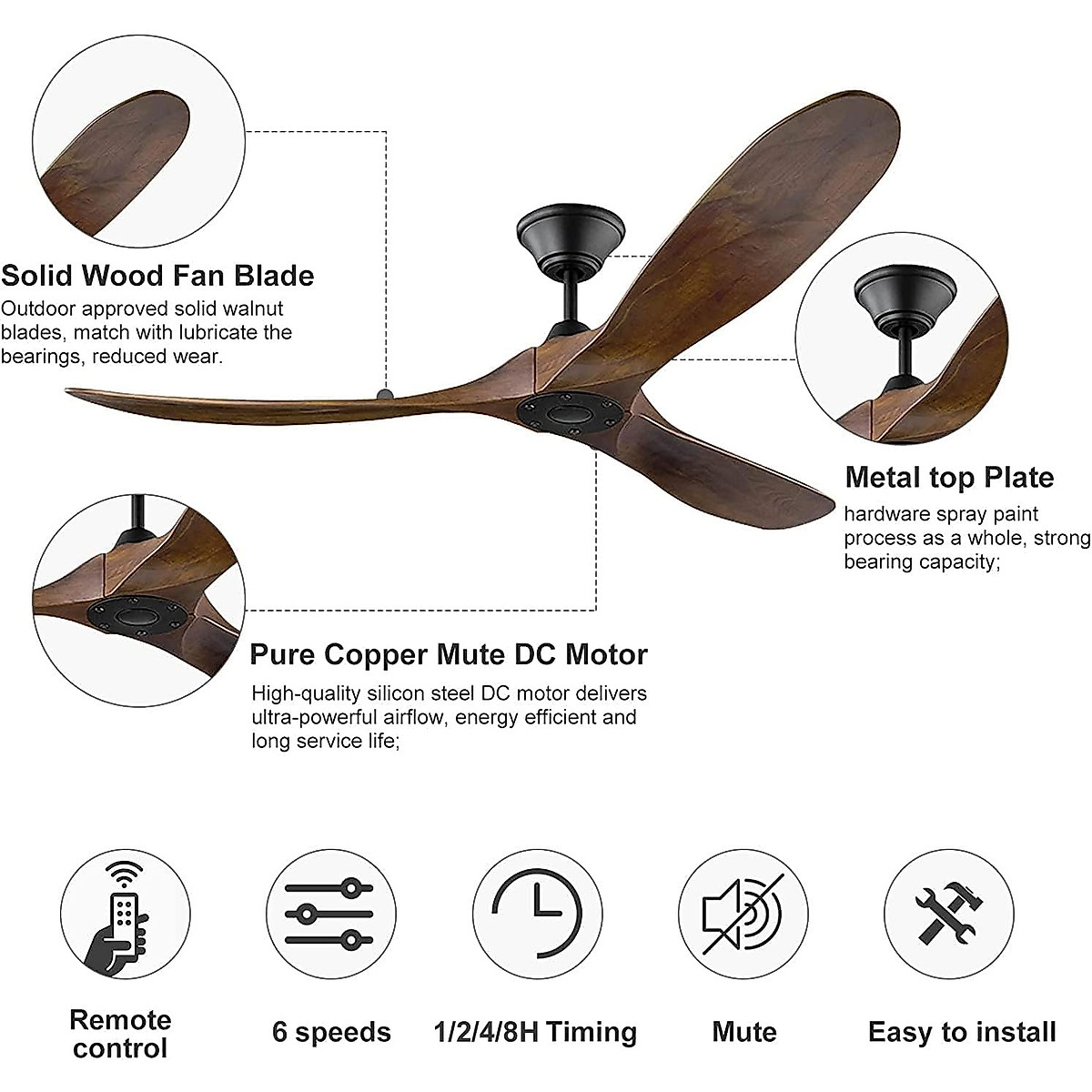 60 Inch Outdoor Ceiling Fans without Lights, 3 Blade Propeller Ceiling Fan No Light with Remote Solid Wood Ceiling Fan Large, Modern Farmhouse Ceiling Fan for Patio Exterior High Low Sloped Ceiling