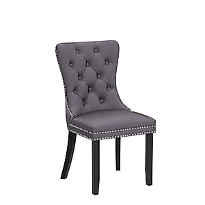 Virabit Tufted Dining Chairs Set of 6, Velvet Upholstered Dining Chairs with Nailhead Back and Ring Pull Trim, Solid Wood Dining Chairs for Kitchen/Bedroom/Dining Room (Grey)