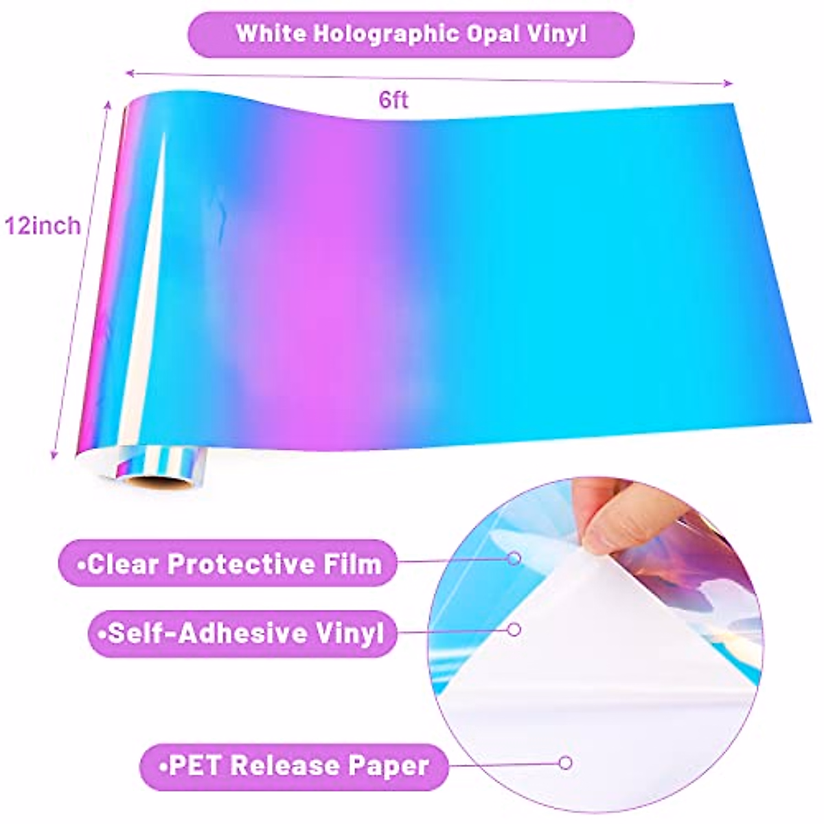Holographic Vinyl White,Opal Permanent Vinyl for Cricut - 12 Inch x 6 Feet White Adhesive Vinyl Roll for All Vinyl Cutter Craft Vinyl Christmas Vinyl