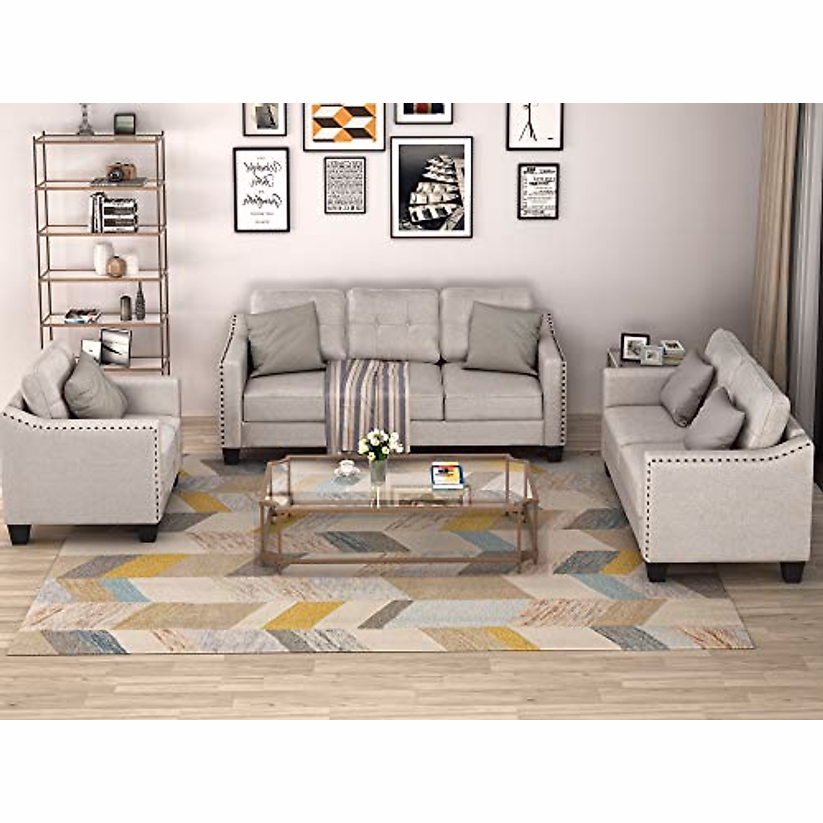 EMKK 3 Pieces Living Room Sectional Sofa Set, Modern Style Button Tufted Arm Chair Loveseat Couch, Livingroom Furniture, Armchair for Apartment, Beige with Cushions
