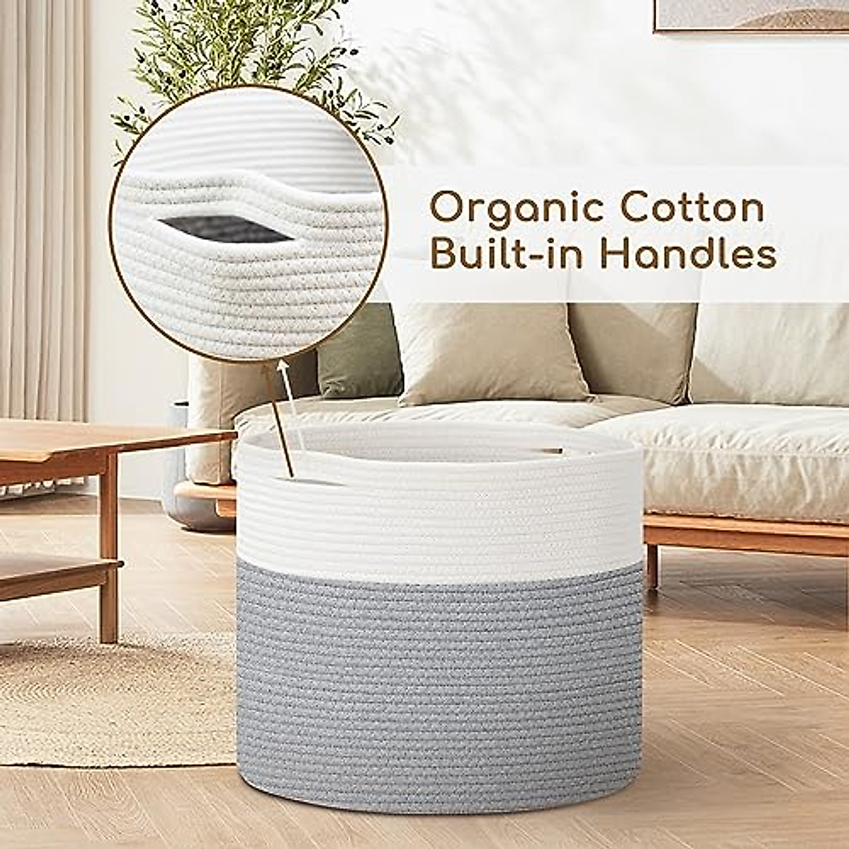 Comfymon Extra Large Cotton Rope Basket 24" x 24" x 17.3" Blanket Basket for Living Room, Woven Baby Laundry Hamper with Handles, Toy Storage Bin, XXXLarge Baskets for Storage, Grey