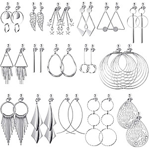 16 Pairs Clip on Earrings Jewelry Set Clip on Bohemian Earrings Clip on Hoop Dangle Drop Earrings Tassel Statement Clip-on Earrings Non Piercing Earrings for Women (Silver)