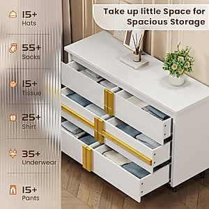 VOPEAK White Dresser for Bedroom, Wood Dresser, 6 Drawer Dresser with Gold Handle, Modern Large & Long Dresser for Cloth Storage, TV Stand Dresser,Chest of Drawers for Clost, Living Room, Nursery.