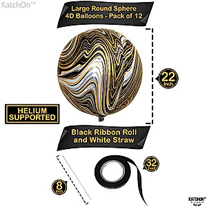 KatchOn, Black and Gold Marble Balloons - 22 Inch, Pack of 12 Agate Balloons | Marble Black and Gold Balloons | Marble Foil Balloons for Halloween Party Decorations | Gold and Black Marble Balloons