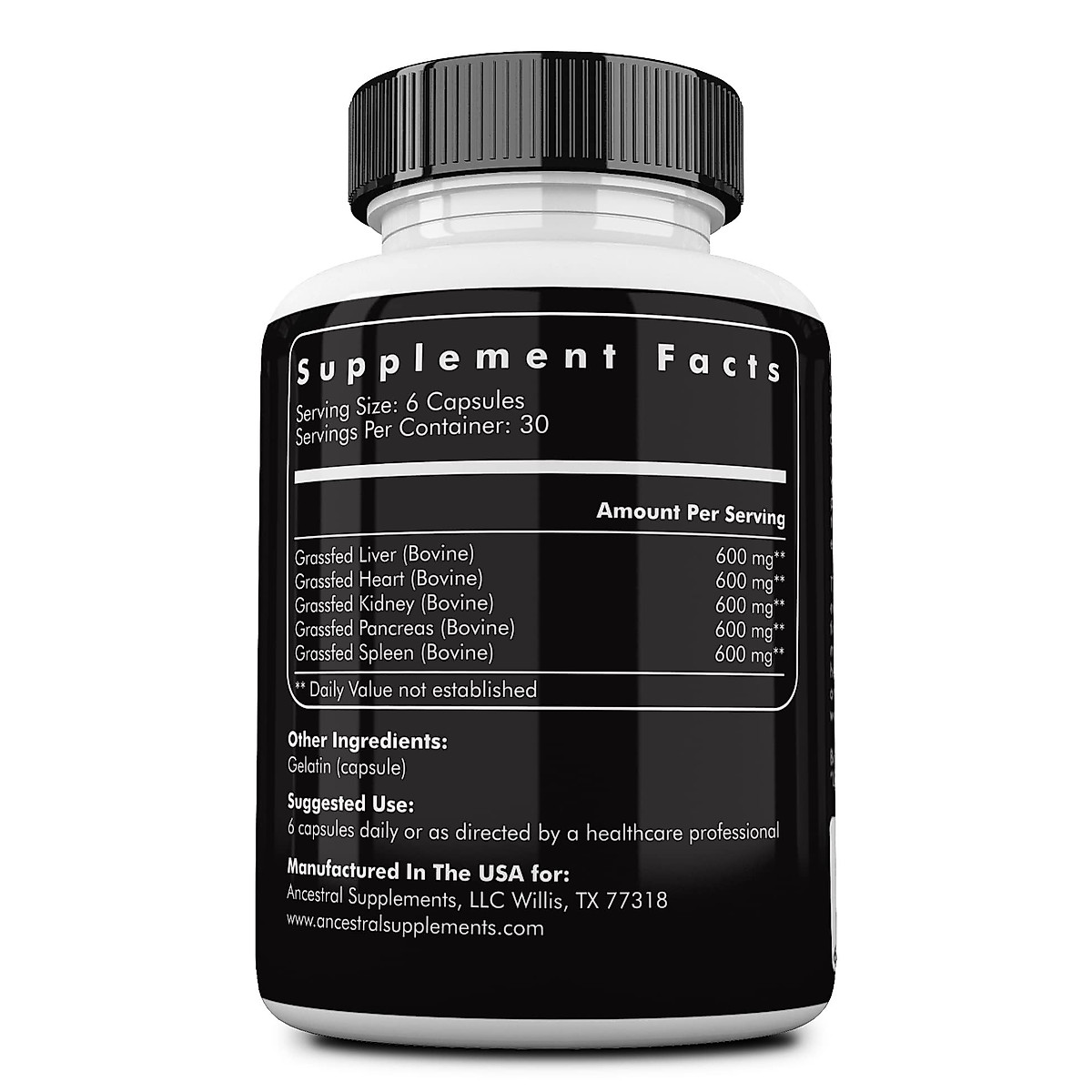 Ancestral Supplements Grass Fed Beef Organ Supplement, Supports Whole Body Wellness with Proprietary Blend of Liver, Heart, Kidney, Pancreas, Spleen, Freeze-Dried Beef, Non-GMO, 180 Capsules