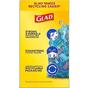 Glad Recycling Tall Drawstring Kitchen Trash Bags, Blue, 13 Gallon, 45 Count, Pack May Vary