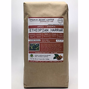 5-pound Ethiopia Harrar Natural (Unroasted Green Coffee Beans) African heirloom Arabica coffee fresh current-crop beans for home coffee roasters specialty-grade coffee beans includes a free burlap bag