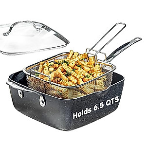 Granitestone 9.5 Inch Deep Frying Pan with Lid, 4 Pc Non Stick Deep Square Frying Pan Set with Steamer & Fry Basket, Large Frying Pan/Saute Pan for Cooking, Dishwasher/Oven Safe, 100% Non Toxic