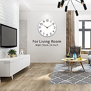 cicininc 14 Inch Wall Clock - Wooden Silent Wall Clocks Battery Operated Non Ticking, Modern Simple Clock for Bathroom, Office, Bedroom, Home, Kitchen, Living Room(14"-White)