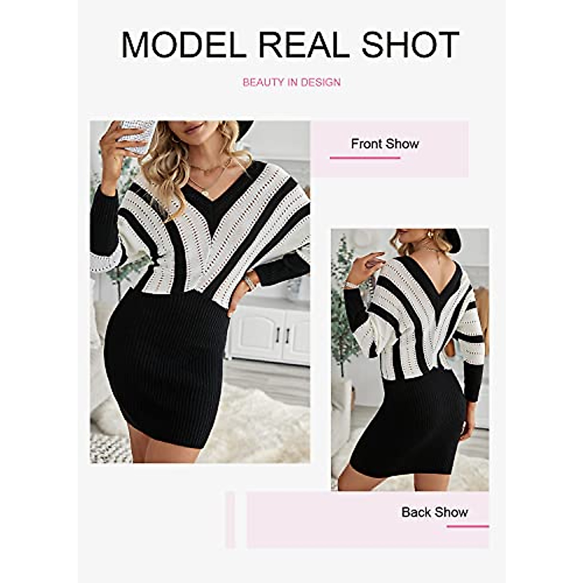 Dokotoo Color Block V-Neck Sweater Dress for Women - Long Sleeve Casual Loose Jumper with Elasticity - Winter Knitted Midi Dress - Black, Medium