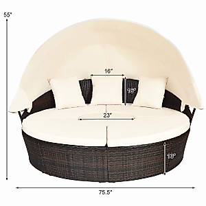 COSTWAY Patio Round Daybed with Retractable Canopy, Wicker Furniture Sectional Couch with Separate Cushioned Seats, Adjustable Table Top, Patio Rattan Daybed Sofa for Patio, Backyard, Poolside, White