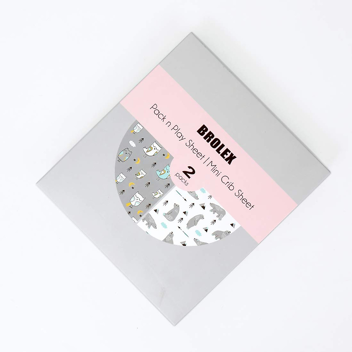 Pack n Play Sheets, BROLEX 2 Pack Mini Crib Sheets,Stretchy Portable Fitted Playard Sheet Set, Convertible Playard Mattress Cover,Ultra Soft Breathable Material,Owl & Bear