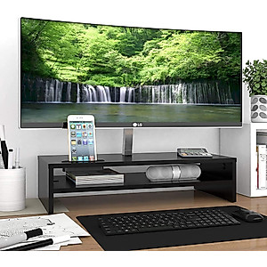 BONTEC Wood Monitor Stand Riser, 2 Tiers with Storage Organizer, Desktop Ergonomic Cellphone Holder and Cable Management, 21.3 Inch Shelf, Black