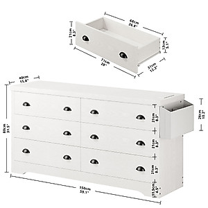 LIKIMIO Dresser for Bedroom 6 Drawer with Charging Station, TV Stand Storage Chest of Drawers for Living Room Hallway Entryway, MDF Board, White