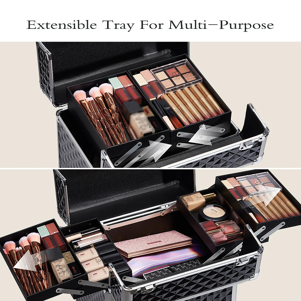 Mecucasi Rolling Makeup Train Case Large Cosmetic Trolley Organized Aluminum Barber Case for Hairstylist Makeup Nail Tech Salon with Keys Swivel Wheels Traveling Cart Trunk - Black