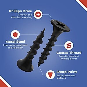 Toofix 3/4 Inch N.6 Coarse Thread Drywall Screw, Sharp Point, Black, 2 Bugle Head Phillips Drive, 1 Lb. Ideal Screw for Drywall Sheetrock, Wood, and More, 400 Screws