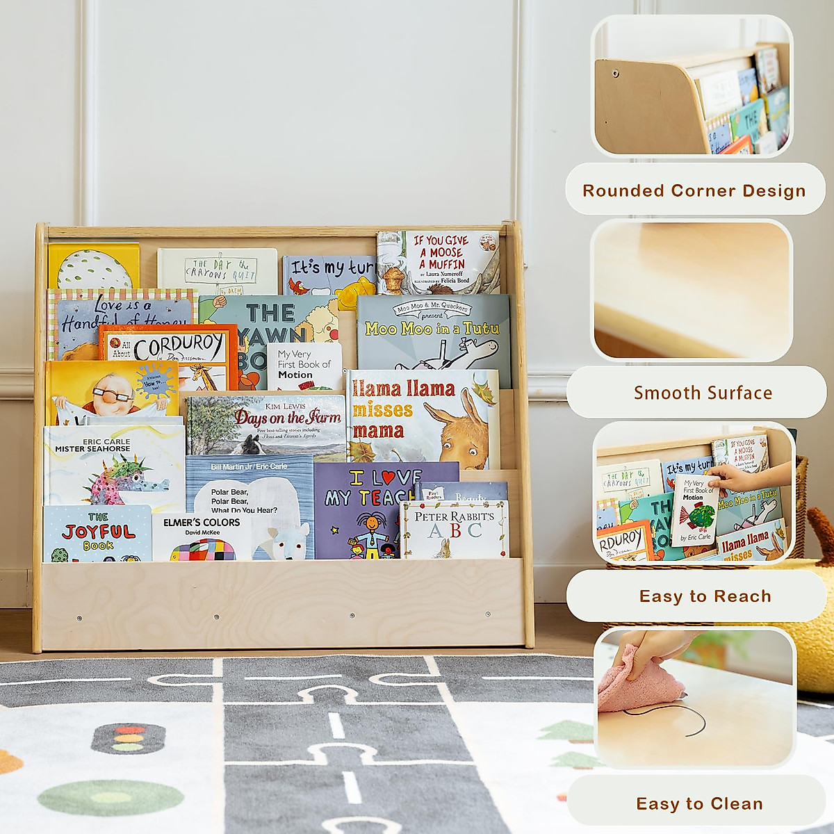 kidi house Single-Sided Kids Bookshelf Montessori Bookshelf Wooden 4-Tier Shelves Birch Book Display Shelf Easy Reach Baby Toddler Bookshelf for Nursery Classroom Kids Room Playroom Living Room