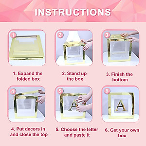 Baby Boxes with Letters, 6 Transparent Balloon Boxes with 78 Letters & Numbers, Clear Name Boxes for Baby Shower Birthday Bridal Wedding Gender Reveal Party Decorations Backdrop, Gold