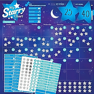 My Starry Chart - Kids Chore Chart Calendar Board for Behavior, Reward, Responsibility, Incentive & Routine at Home - Homeschool Planner Supplies with Dry Erase Reusable Stickers - Preschool Learning