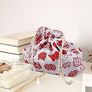 NUOBESTY Lunch Box Pouch with Drawstring Japanese Portable for Bento Boxes Tote Bag Picnic Office Outdoor Lunch Storage Handy Bags Cat Printed Red