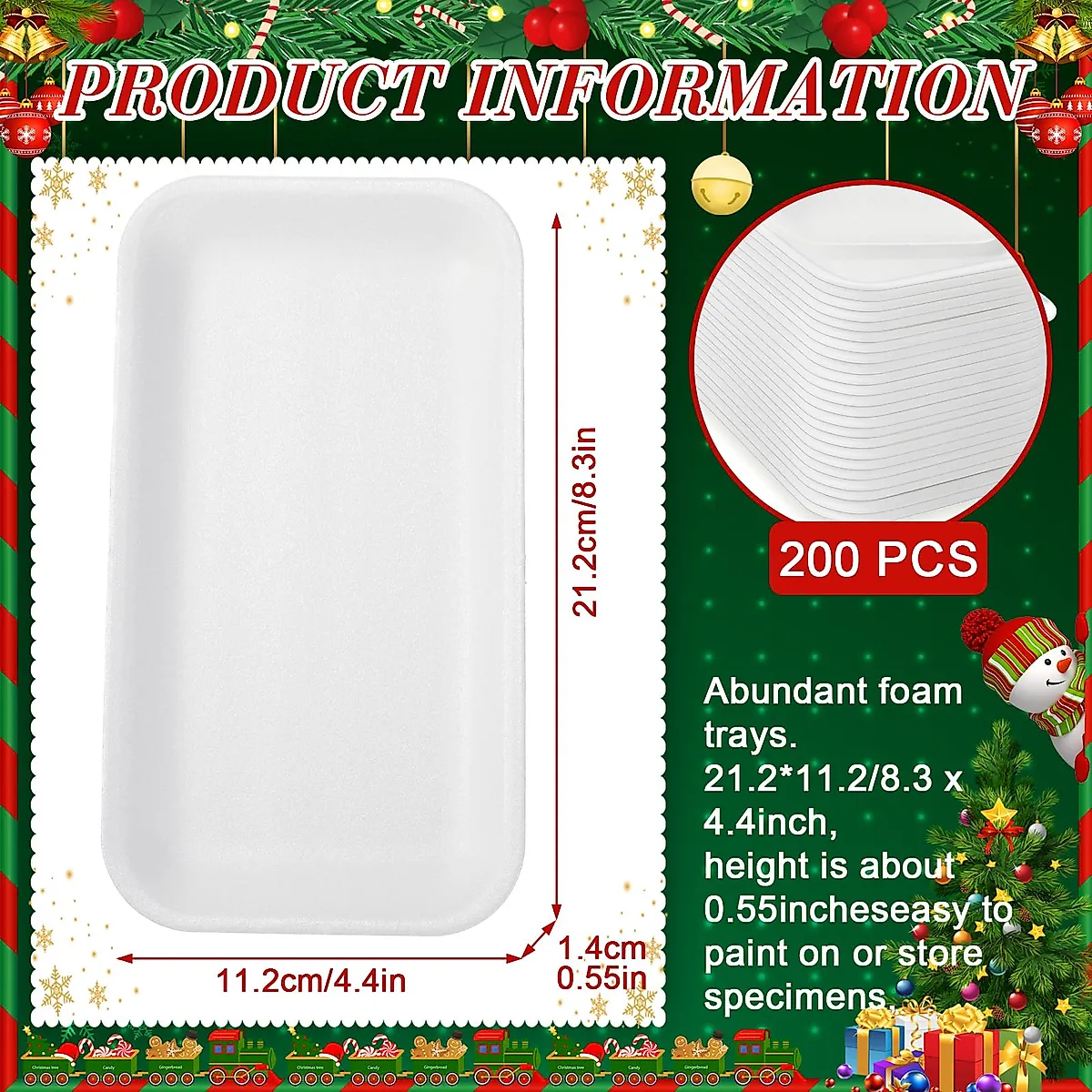 EBOOT 100 Pcs Foam Meat Trays White Foam Crafts Trays Bulk Disposable Food Plates Rectangle Painting Dish for Halloween Christmas Printmaking DIY Art Supplies, 8.3 x 4.4 x 0.55 Inches