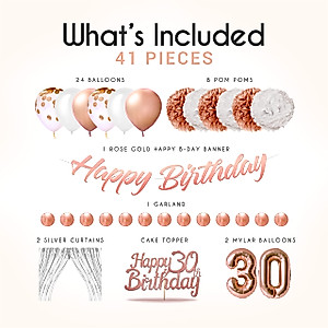 EpiqueOne 41-Piece Rose Gold 30th Birthday Decorations for Women | Includes Happy Birthday Banner, Cake Topper, Tissue Pom Poms & More | Easy to Set Up | Also Ideal for Bridal and Baby Showers & More