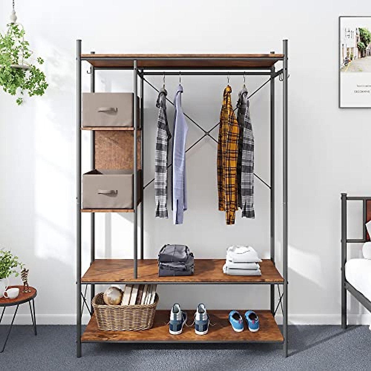 PAUKIN Industrial Entryway Hall Trees with Hooks, Storage Shelves and Shoes Bench, Freestanding Closet Organizer Clothes Rack with Coat Rack, Closet Garments Shelf for Hallway, Bedroom