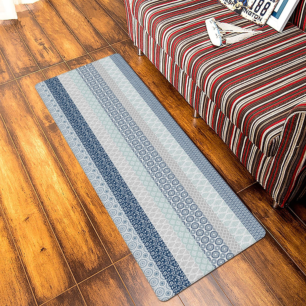 Bohemia Antifatigue Kitchen Bath Door Mat Cushioned Runner Rug,Washable Welcome Floor Sink Mat,Waterproof Comfort Standing Doormat for Kitchen,Blue Grey Boho Tribal Paisley Flower Plaid 24"x36"