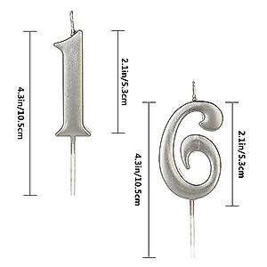 Silver 16th Birthday Candles for Cake, Number 16 1 6 Glitter Candle Party Anniversary Cakes Decoration for Kids Women or Men