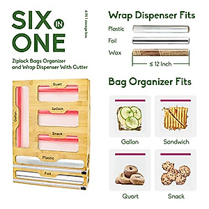 Ziplock Bag Organizer Bamboo , 6 in 1 Wrap Dispenser With Cutter, Kitchen Storage Ziplock Bag Organizer For Drawer, Compatible With Ziplock Gallon, Quart, Sandwich, Snack, Aluminum Foil etc