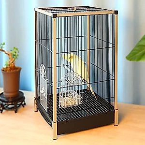 Flat top Bird Travel cage,21 inch Parrot Carrier with Wooden Perch Feeding Cup for Conures Cockatiel Parakeets（Aluminum Frame）